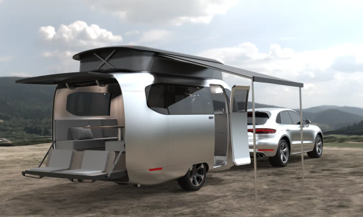 porsche airstream caravan elektrische auto ev glamping